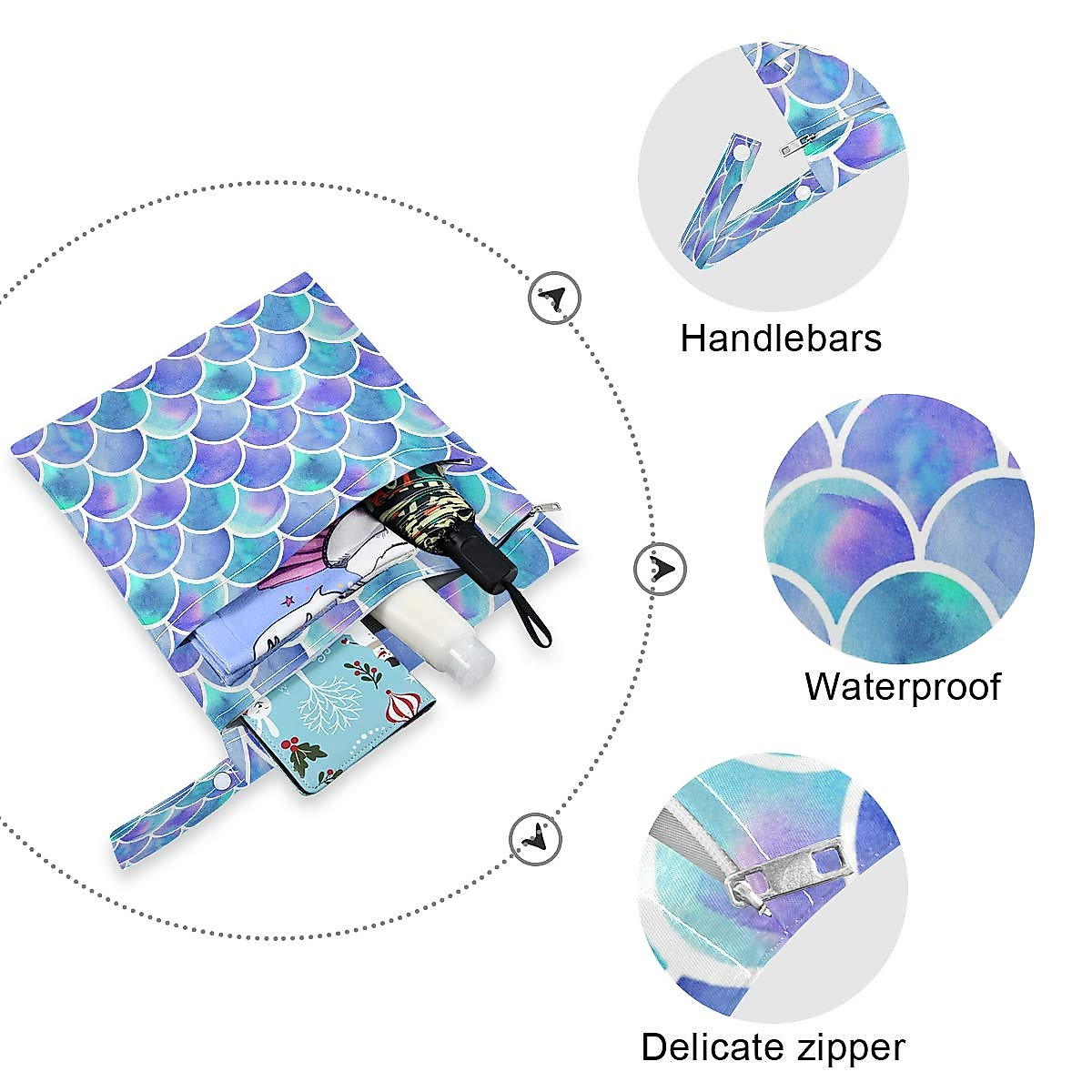 AUUXVA Wet Dry Bags Set Blue Purple Mermaid Scale,Cloth Diaper Wet Bag Waterproof Reusable with Two Zippered Pockets for Travel Beach Pool Swimsuits Wet Clothes,2pcs