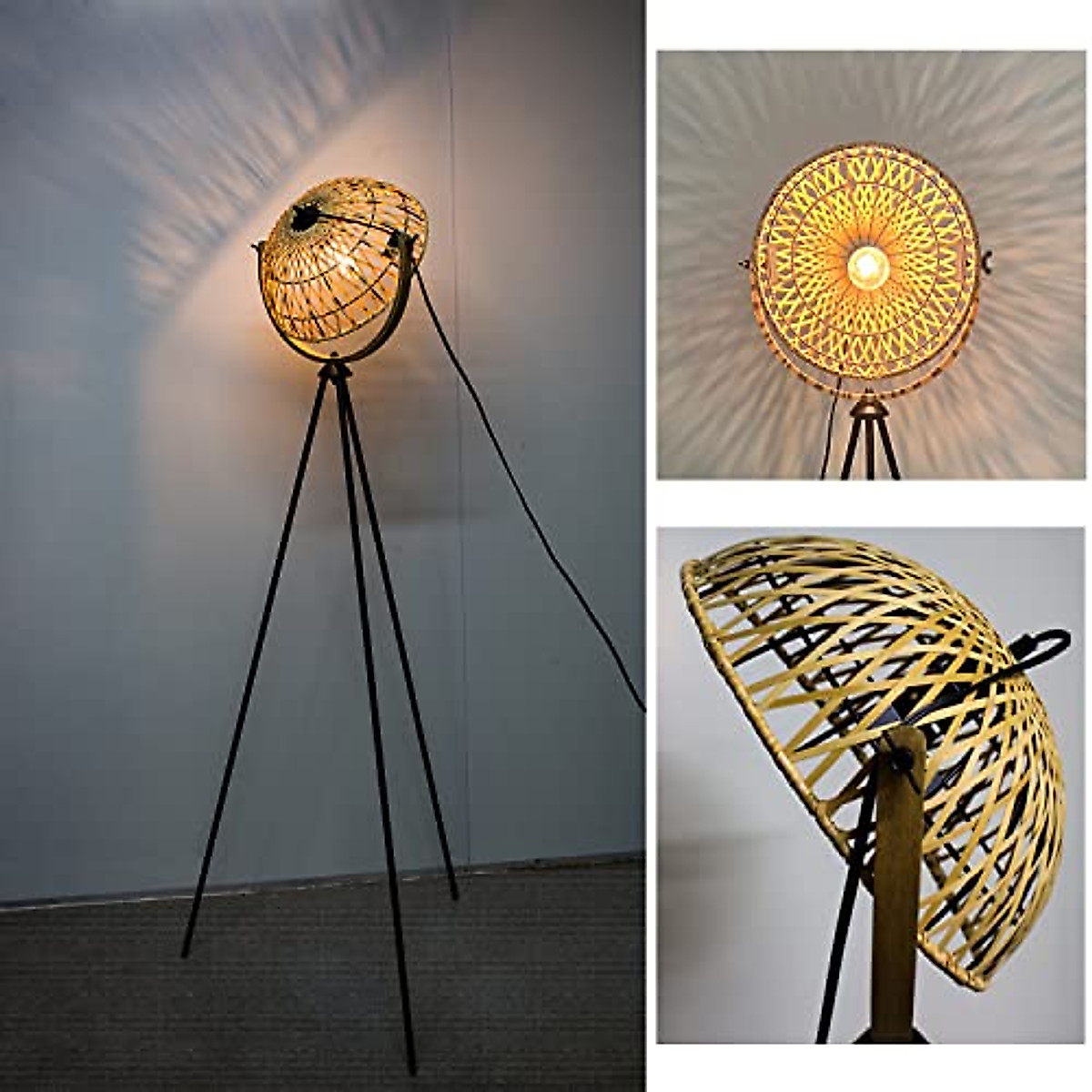 Osasy Rattan Bamboo Floor Lamp for Living Room,Bedroom,Farmhouse,Boho Standing Lamp,Wicker Hand-Worked Bamboo Lamp Shade,Black Industrial Modern Floor Light Adjustable Rustic Tall Lamp