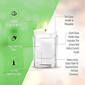 KISCO CANDLES: 10 Hour Votive Candles with Holders 12-Pack Clear Decorative Glass Home Decor, Beautiful Living Room, Kitchen, Bathroom Lighting | Long-Lasting Wax