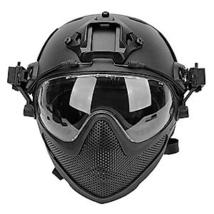 Integrated Tactical Airsoft Painball Full Face Protection, PJ Helmet F22, with Removable Steel Mesh Mask and Goggles