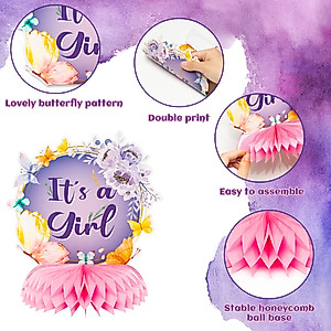 JAPBOR 12pcs Butterfly Baby Shower Party Honeycomb Table Centerpieces, It's a Girl Purple and Pink Decorations for Baby Girl Gender Reveal Party, Birthday Floral Butterflies Table Toppers