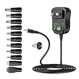 Basicvolt Universal AC/DC Adapter Multi-Voltage Regulated Switching Power Supply with 11 Selectable DC Plugs for 3V 4.5V 5V 6V 7.5V 9V 12V Household Electronics 2.0A 24Watt Max