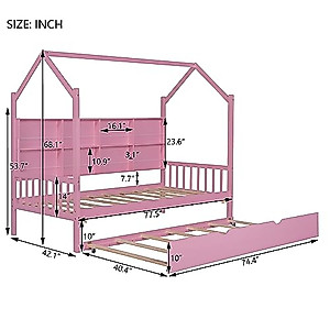 GOWE Wooden Twin Size House Bed with Trundle,Kids Bed with Shelf,Pink