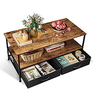 WLIVE Coffee Table with Storage Drawers and Open Shelf, Mid-Century Modern Wood and Metal Cocktail Table for Living Room