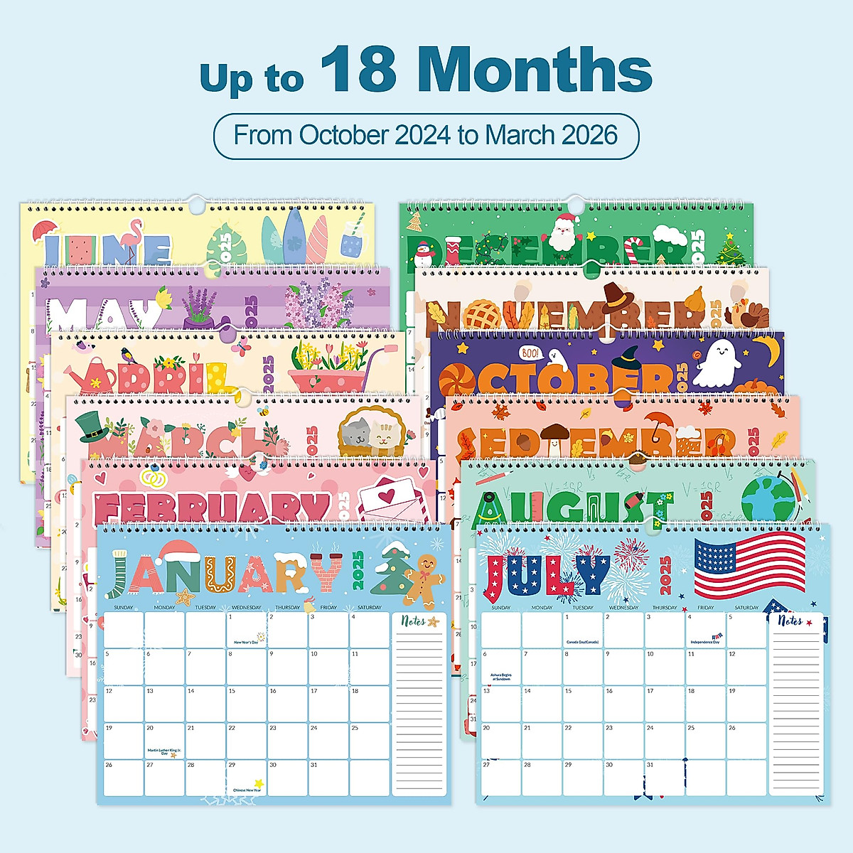 SUNEE Calendar 2024-2025- 18 Months Wall Calendar Oct. 2024 - Mar. 2026, 14.5"x11.5" Big Grid Hanging Calendar with Note for Organizing & Planning, Cute