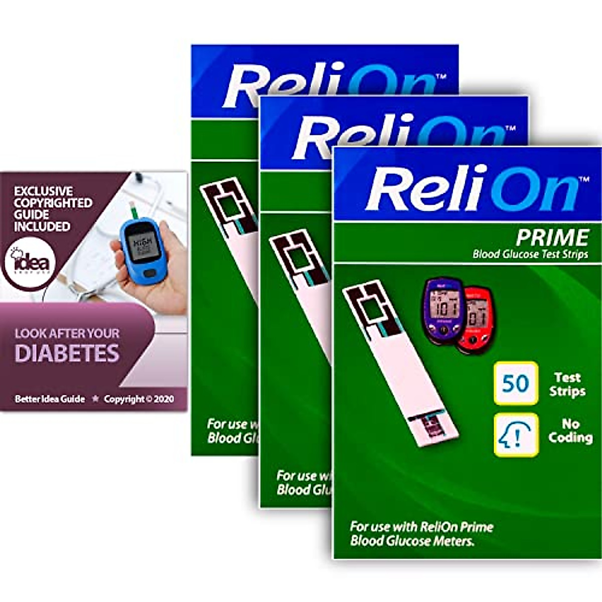ReliOn Prime Blood Glucose Test Strips, 50 Ct (3 Pack) Bundle with Exclusive Look After Your Diabetes - Better Idea Guide (4 Items)