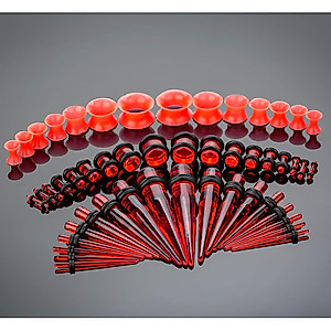 CABBE KALLO 50pcs Ear Stretching Kit Silicone Tunnels Acrylic Tapers & Plugs 14G-00G Gauges Set Expanders for Women Men Body Piercing Jewelry, Red