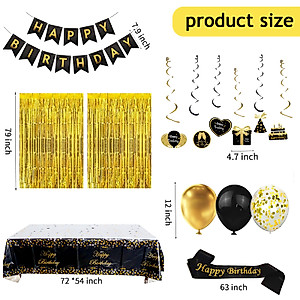 Black and Gold Birthday Decorations Black Gold Balloons Party Supplies with Banner Hanging Swirls Curtains Tablecloth Cake Toppers for Men Women Gold Black Birthday Father's Day Party Decorations
