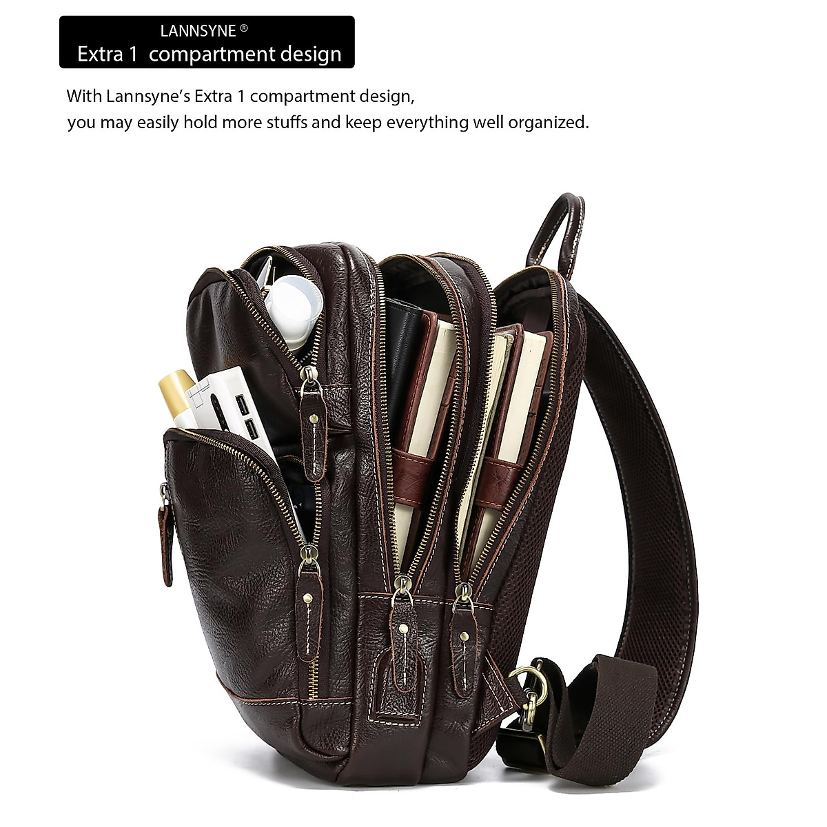 LANNSYNE Full Grain Leather Sling Bag For Men Crossbody Chest Daypack fits 10.5" iPad