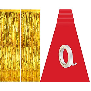 Tegeme Carpet Runner Aisle 2.6 x 30 Feet with Carpet Tape and 4 Pieces of 8.2 x 3.2 Feet Metal Tinsel Tassel Curtains for Halloween Birthday Wedding Party Decoration(Red)