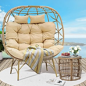 YITAHOME Double Egg Chair with Table 2 Person Wicker Egg Chair Indoor Outdoor Patio Egg Chair with Cushions 617lbs for Patio, Bedroom, Garden and Balcony, Beige