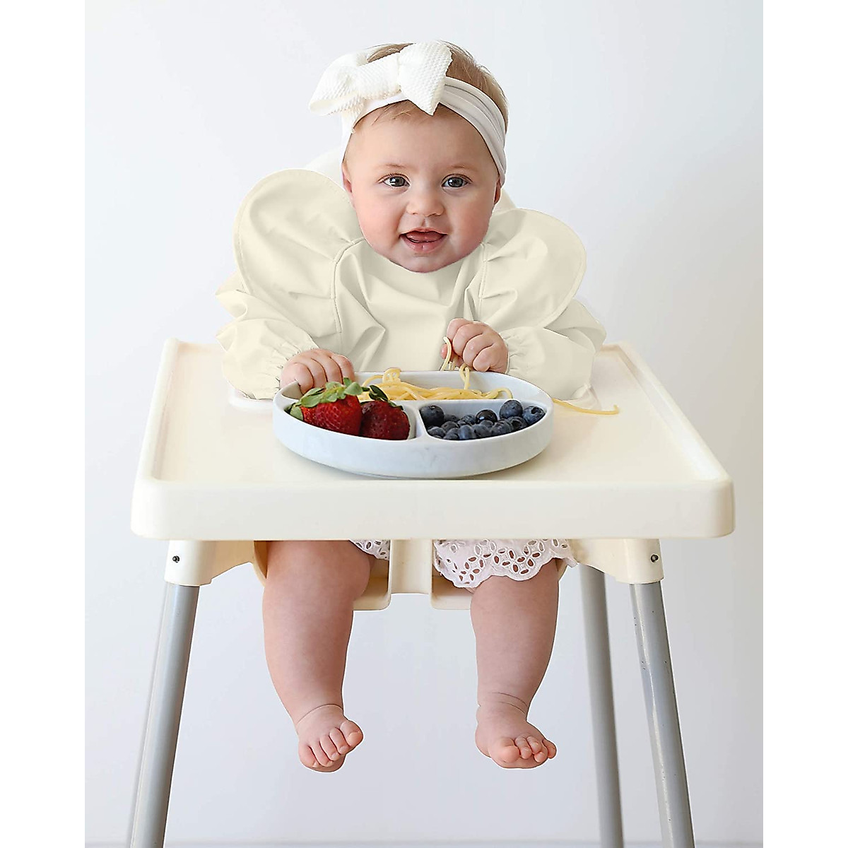 WILLOW + SIM Long Sleeve Baby Bib - Mess-Proof Feeding Bib for Babies 6-24 Months - Antique White