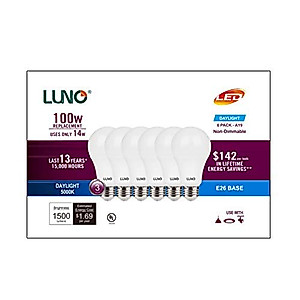 LUNO A19 Non-Dimmable LED Bulb, 14W (100W Equivalent), 1500 Lumens, 5000K (Daylight), Medium Base (E26), UL Certified (6-Pack)