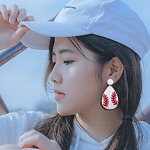 NLCAC Beaded Baseball Teardrop Earrings Handmade Statement Beaded Drop Dangle Earrings Sports Earrings Holiday Party Game Jewelry for Women White