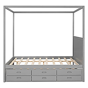 RORIGAT Queen Size Canopy Platform Bed with Twin Trundle and Three Storage Drawers, Wooden Daybed Frame Beds for Kids Teens Boys Girls,Gray