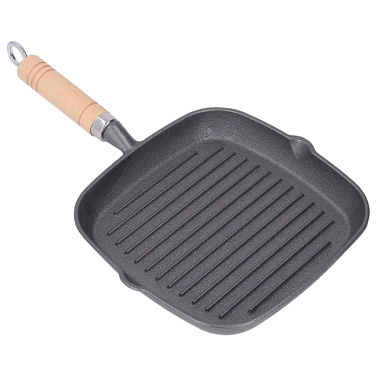 Cast Iron Grill Pan,Grill Pan,Multipurpose Prevents Stick Quadrate Cast Iron Steak Pan with Easy Grease Drain Spout with Wooden Handle for Bacon Steak Onion