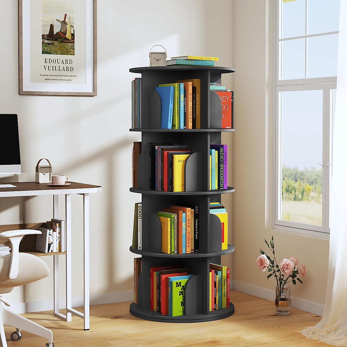DAOTENGQL 4 Tier Rotating Bookshelf, 360 Spinning Corner Bookcase Tower, Floor Standing Book Shelf Organizer for Bedroom and Living Room, Round Bookshelf for Small Space, Easy to Assemble (Black)