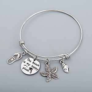 SEIRAA The Beach is My Happy Place Bracelet Expandable Stainless Steel Bangle Beach Jewelry For Beach Lover (Happy place)