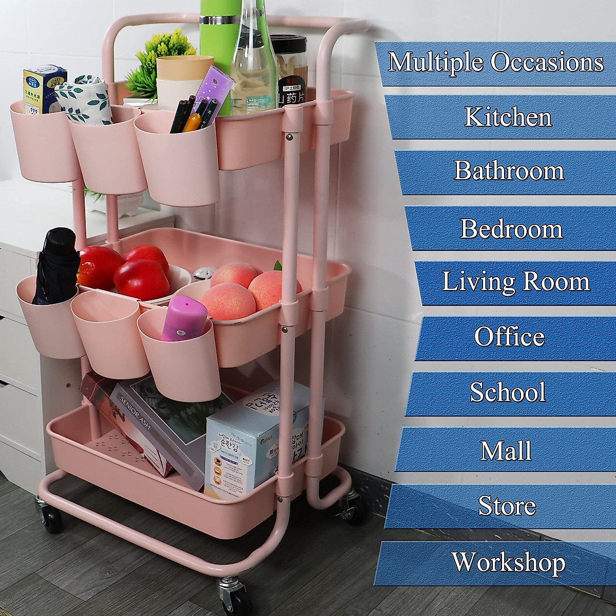 Piowio 3 Tier Utility Storage Cart Rolling Cart Organizer Shelf with 6PCS Hanging Cups for Home Kitchen Office Storage (Pink)