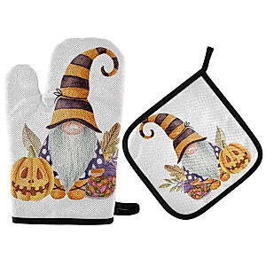 Thanksgiving Gnome Cute Oven Mitts & Pot Holders 2pcs Autumn Pumpkin Harvest Kitchen Heat Resistant Non-Slip Potholders Set for Cooking Baking BBQ