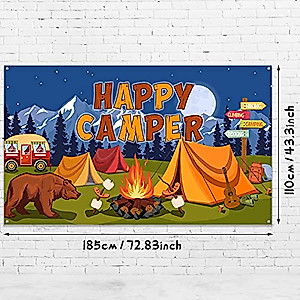 Camping Backdrop Camper Party Decoration Happy Camper Banner Campfire Forest Adventure Photography Background for Camping Theme Party Birthday Party Supplies with Rope, 72.8 x 43.3 Inch