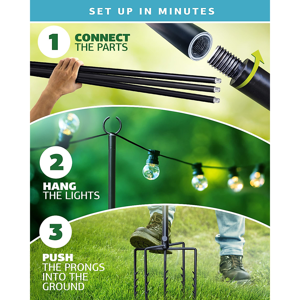 BACKYARD THERAPY Outdoor String Light Poles - 9ft Pole for Hanging Lights Outside - Galvanized & Powder Coated - Secure Ground Grip Stand - Garden, Deck, or Patio Area Lighting (2-Pack)