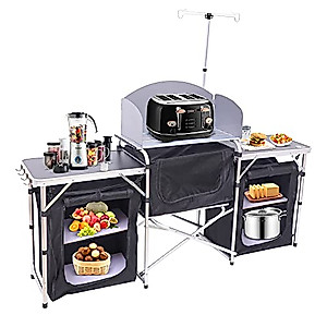 Nice C Camping Kitchen Table, Folding Table, Upgrade Light Stand and Windshield Cooking Station & 3 Organizers, Carry Bag for Outdoor, Beach, BBQ, Picnic, Cooking, Indoor, Office(Silver)