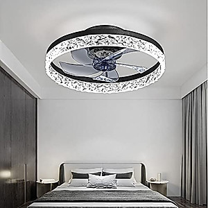 MORE CHANGE 20” Crystal Ceiling Fan with Light and Remote, Modern Enclosed Bladeless Fandelier Chandelier 3 Color Changes Flush Mount Low Profile Ceiling Fan for Living Dinning Room
