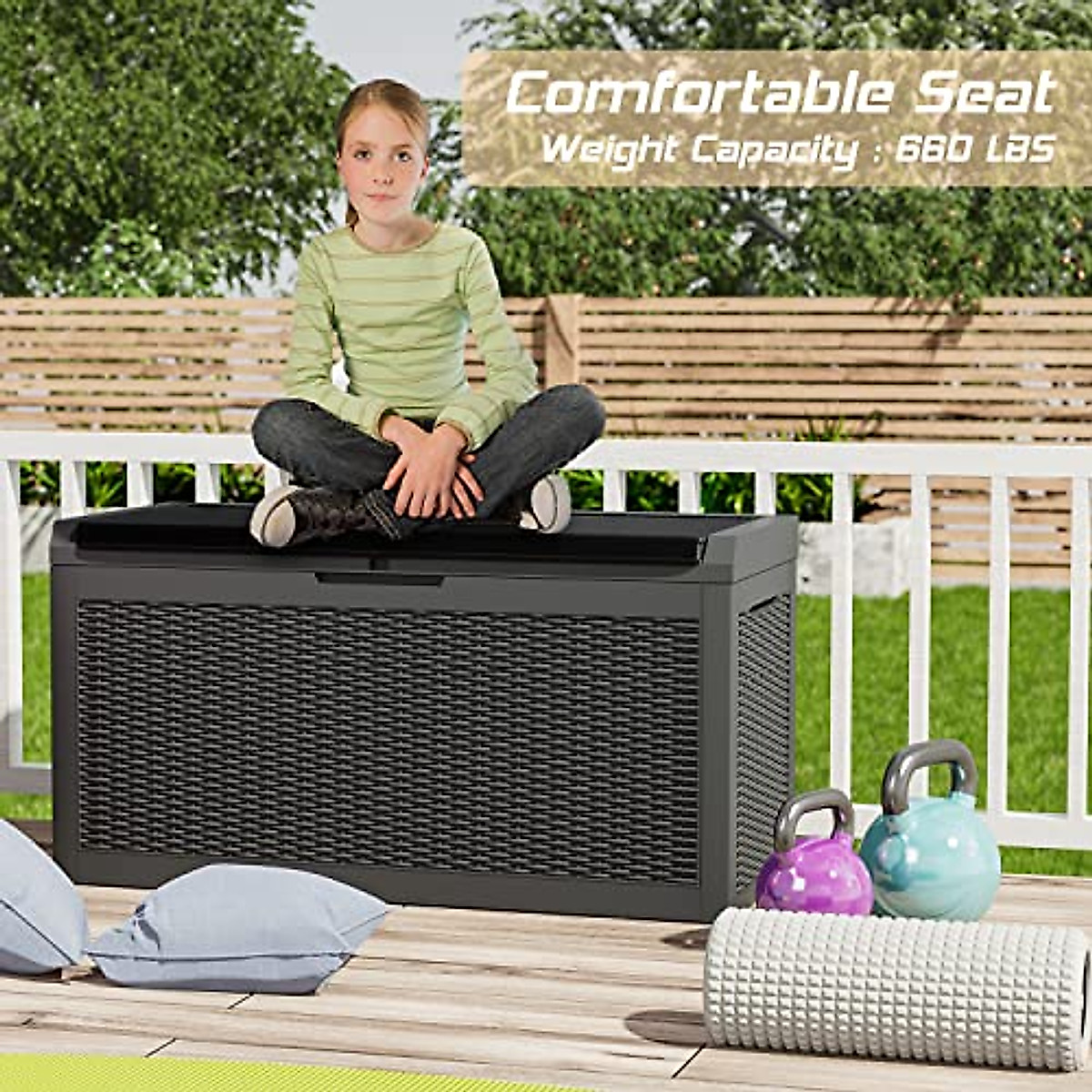 Greesum 100 Gallon Resin Deck Box Large Outdoor Storage for Patio Furniture, Garden Tools, Pool Supplies, Weatherproof and UV Resistant, Lockable, Dark Black