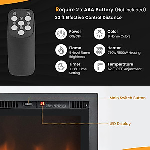 Tangkula 36 Inches Electric Fireplace in-Wall Recessed, Wall Mounted and Freestanding, 750W/1500W Linear Fireplace Heater with Remote Control, Adjustable Flame Color & Brightness (36 Inches)