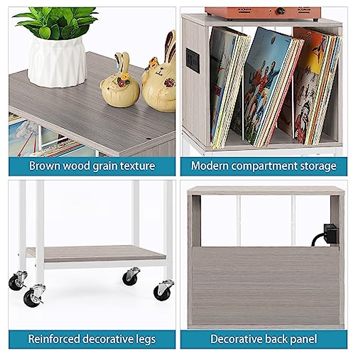 Melos Record Player Table with 3-Tier Vinyl Record Storage Cabinet, Turntable Stand, End Table, Nightstand for Living Room, Bedroom, Office (White)