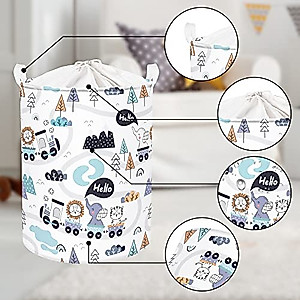 Clastyle 45L Urban Traveling Animals Elephant Nursery Laundry Basket Lion Tiger Train Round Toy Clothes Storage Basket for Kindergarten, 14.2x17.7 in