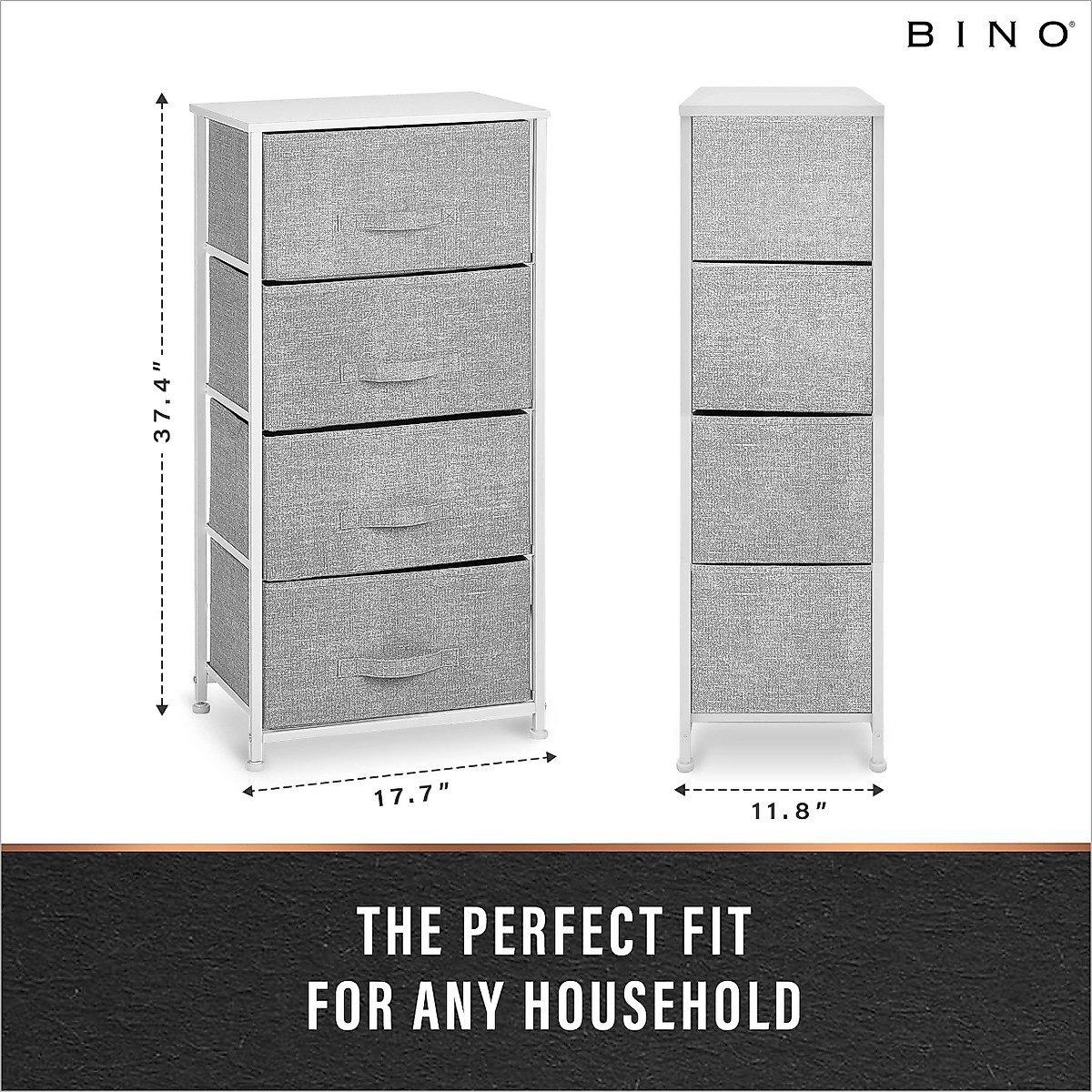 BINO 4-Drawer Fabric Dresser Storage Tower, Light Grey | Closet Organizer Unit | Bedroom Storage Cabinet | Clothing Drawer & Dresser Furniture | Organizing Drawer for Nursery Hallway Entryway Room
