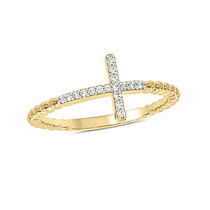 1/10cttw Diamond Cross Ring for Women, Cross Ring with Beaded Style Detail in 18k Yellow Gold-Plate, 18k Rose Gold-Plate or 925 Sterling Silver, Women's Horizontal Cross with Round White Diamonds,6