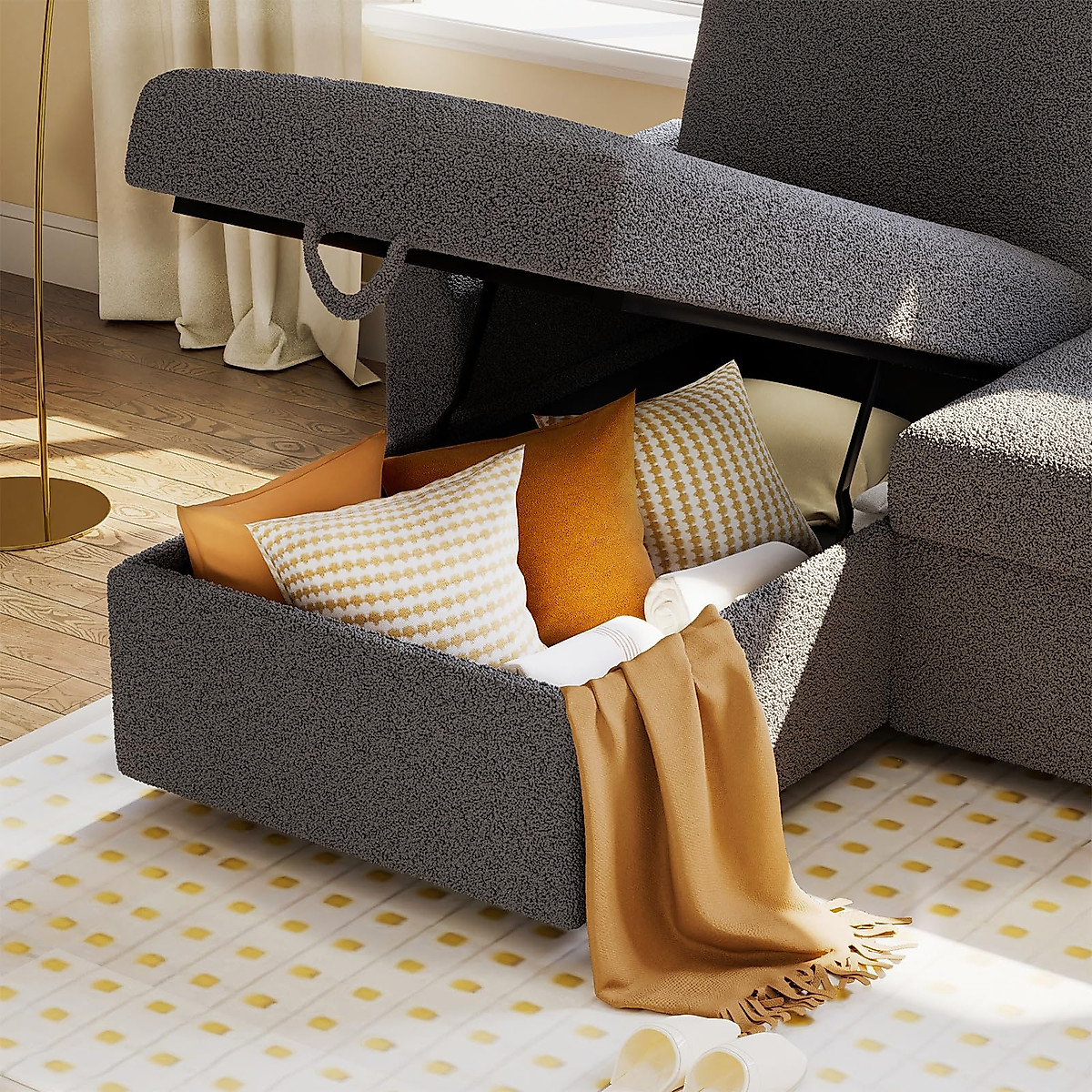 PaPaJet Sofa Bed, Sleeper Sofa with Storage Chaise, L Shaped Sofa with Pull Out Bed, Oversized Sofas for Living Room-Dark Grey Boucle