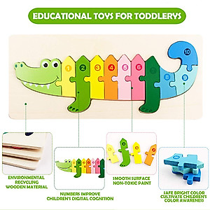 Wooden Jigsaw Puzzle Toy for Toddlers 1-3 Years Old- 3 Sets of Animals Dinosaur Crocodile Monkey,Colorful Wood Numbered Puzzles Baby Infant Kid Preschool Learning Educational Toys.