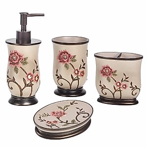 Popular Bath 4pc Larrisa Floral Bathroom Accessories Sets Modern Classic Flower Soap Dispenser, Tumbler, Tooth Brush Holder and Soap Dish Holder Luxury Decor Unique Design Stylish Bathroom Sets