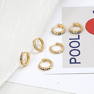 OPFIV 3 Pairs 14K Gold Plated Huggie Hoop Earrings for Women Hypoallergenic Dainty Evil Eye Multi-colors Cubic Zirconia Hoop Earrings Set Lightweight Small Tiny Hoops Jewelry