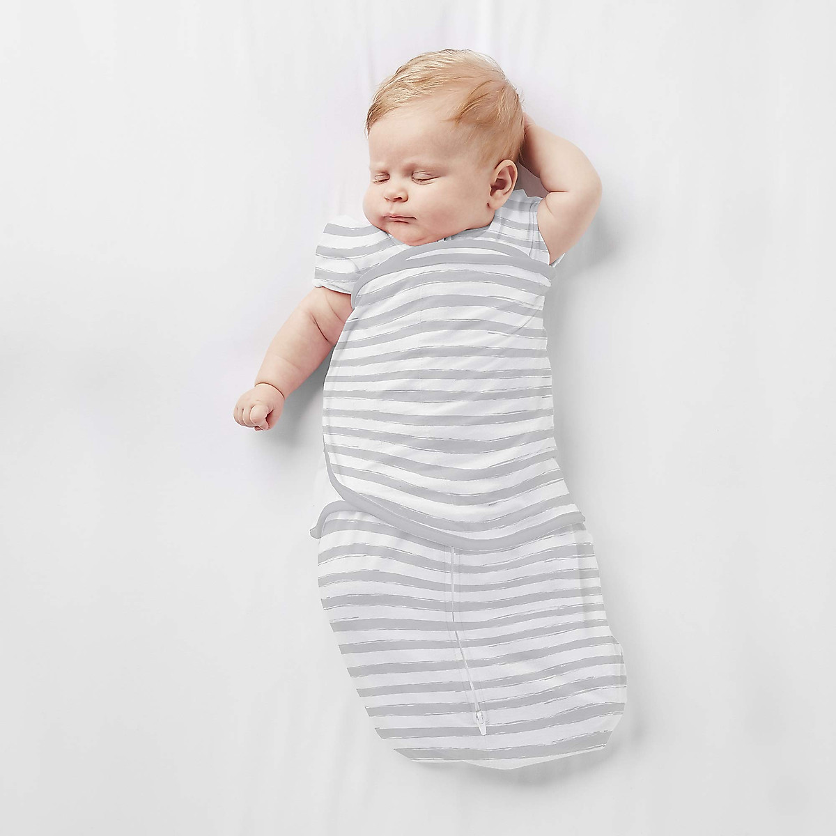 BreathableBaby Adjustable 3-in-1 Soft Premium Cotton Newborn Swaddle Trio Blanket & Wrap, (Infants 0-4 months) – Gray Watercolor Stripe, Arms Up, Arms Down, Arms Out, 61233-A