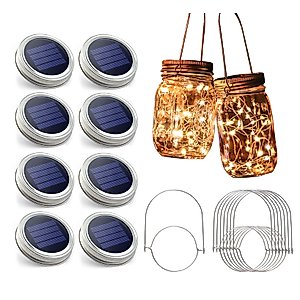 Urvoix Solar Mason Jar Lights - 8 Pack 30 Led Fairy Solar Jar Lid Lights with 8 Handle (Jars Not Included), Waterproof Outdoor Mason Jar Lights for Garden Backyard Patio Decor