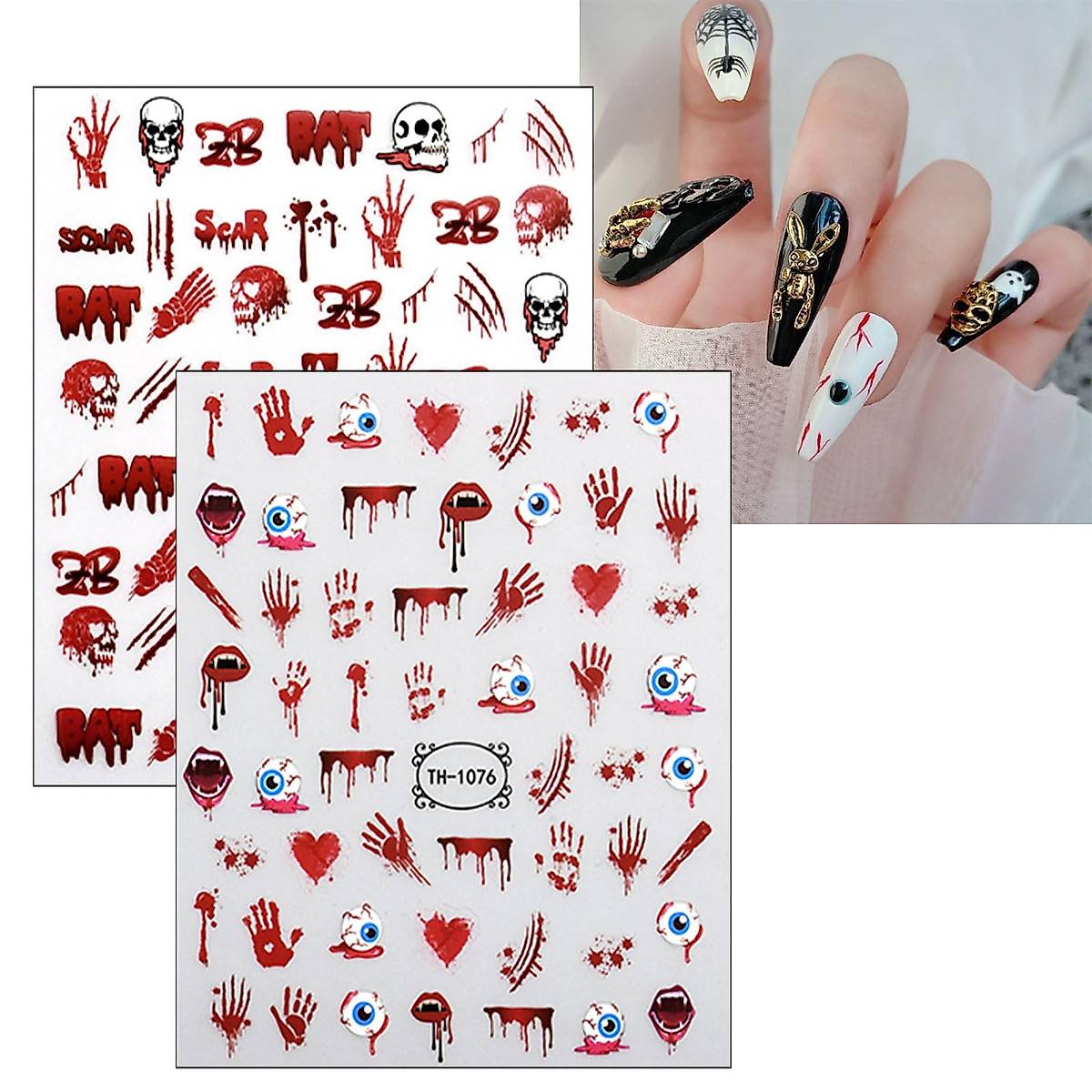 JMEOWIO 9 Sheets Halloween Glow in The Dark Nail Art Stickers Decals Self-Adhesive Pegatinas Uñas Skull Horror Nail Supplies Nail Art Design Decoration Accessories