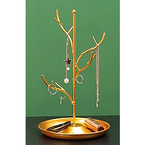 ChezMax Jewelry Display Necklace Earring Organizer Holder Metal Birds Tree Stand with Tray Antique Bracelet Rings Rack Tower Decoration for Women Girl Gold 9.4 Inch
