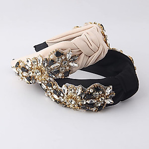 Yusier Knotted Headbands for Women Rhinestone Crystal Headband Handmade Jewelry Hair Accessories Fashion Wide Hairband (Beige)