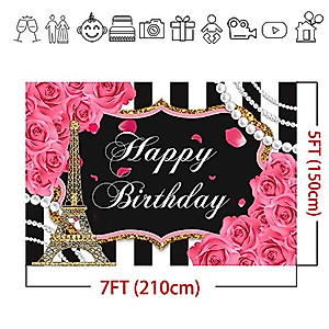Mocsicka Paris Birthday Backdrop 7x5ft Black White Stripe Pink Rose Effel Tower Happy Birthday Photo Booth Backdrops Sweet 16th Photography Studio Background