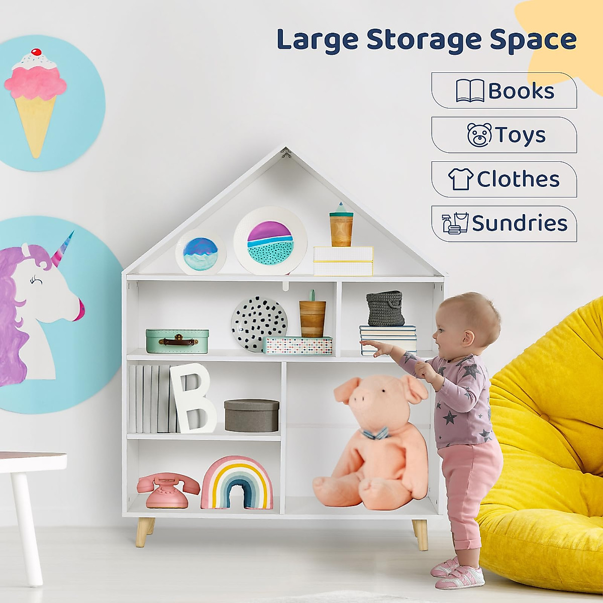 Arlopu Kids Bookshelf Toy Organizer, Wooden Dollhouse Bookcase, 6-Section Toddler Toy Storage Cabinet, Freestanding 4-Tier Display Book Shelves, for Playroom, Bedroom, Daycare, White