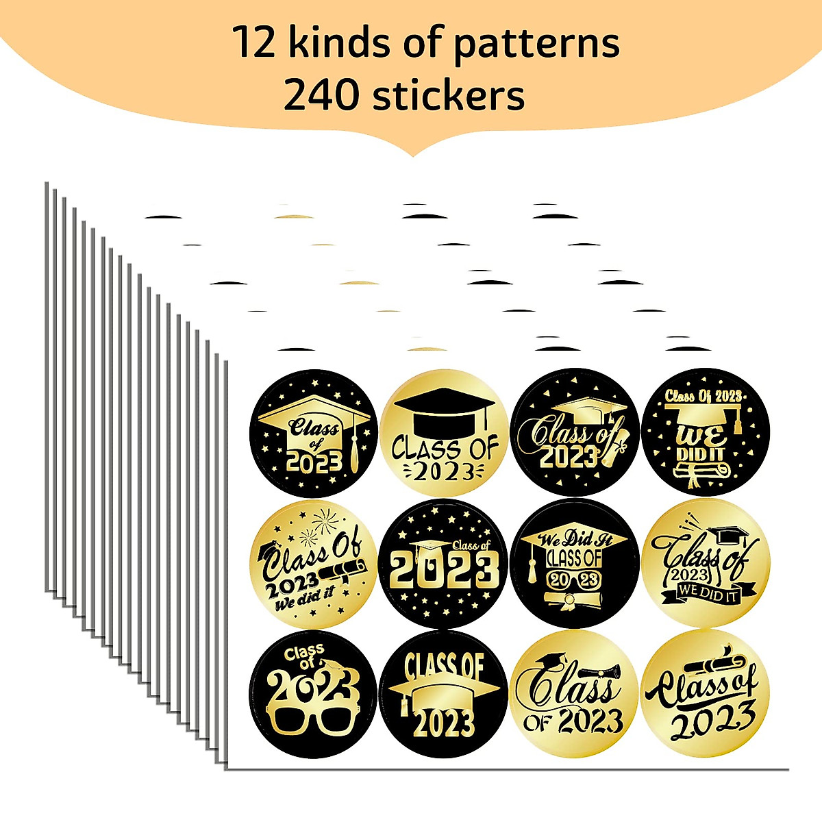 2023 Graduation Stickers, 240 Pieces Class of 2023 Grad Circle Stickers, Graduation Envelope Seals Candy Label Stickers (12 Design) - Black Gold