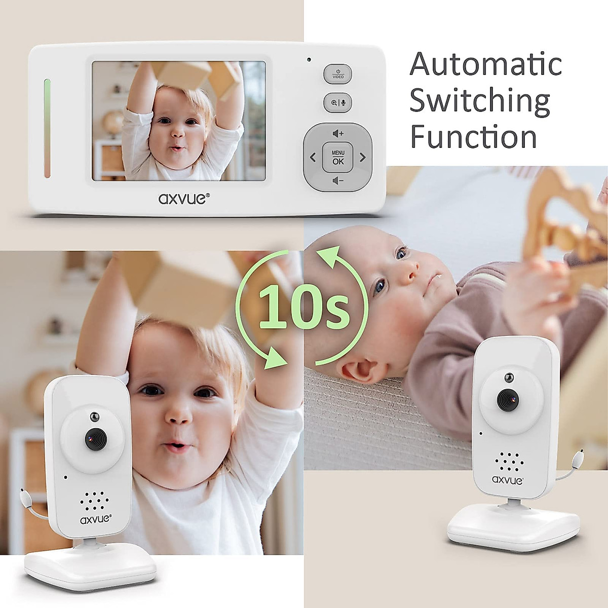 Axvue Video Baby Monitor, Slim Handheld, Non-Slip Design, 2.8" Horizontal Screen Monitor & 2 Camera,12 Hour Battery Life, 2-Way Talk, Night Vision, Temperature Monitor, No WiFi.