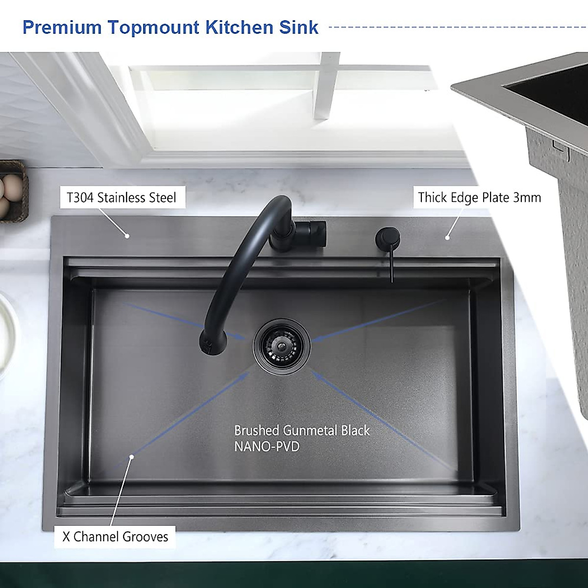 30 Black Drop in Kitchen Sink Workstation- Hovheir 30x22 Topmount Drop In Kitchen Sink Matte Black Stainless Steel Sink Handmade Sink Double Ledges Workstation Sink 16 Gauge Single Basin Kitchen Sink