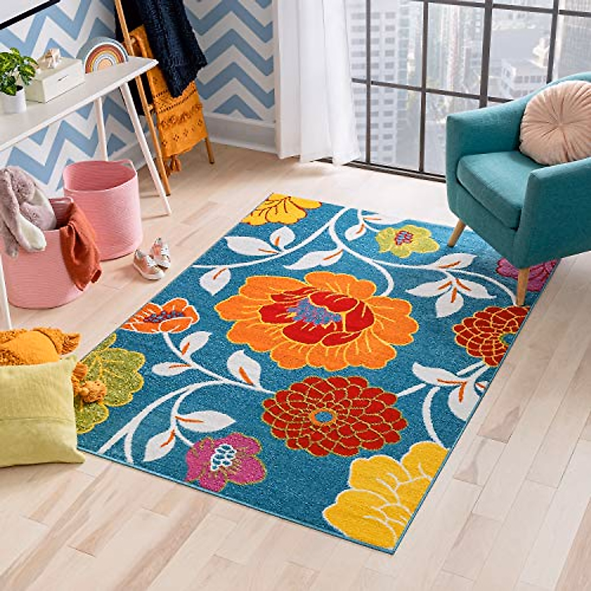 Well Woven Modern Rug Daisy Flowers Blue 3'3" x 5' Floral Accent Area Rug Entry Way Bright Kids Room Kitchen Bedroom Carpet Bathroom Soft Durable Area Rug