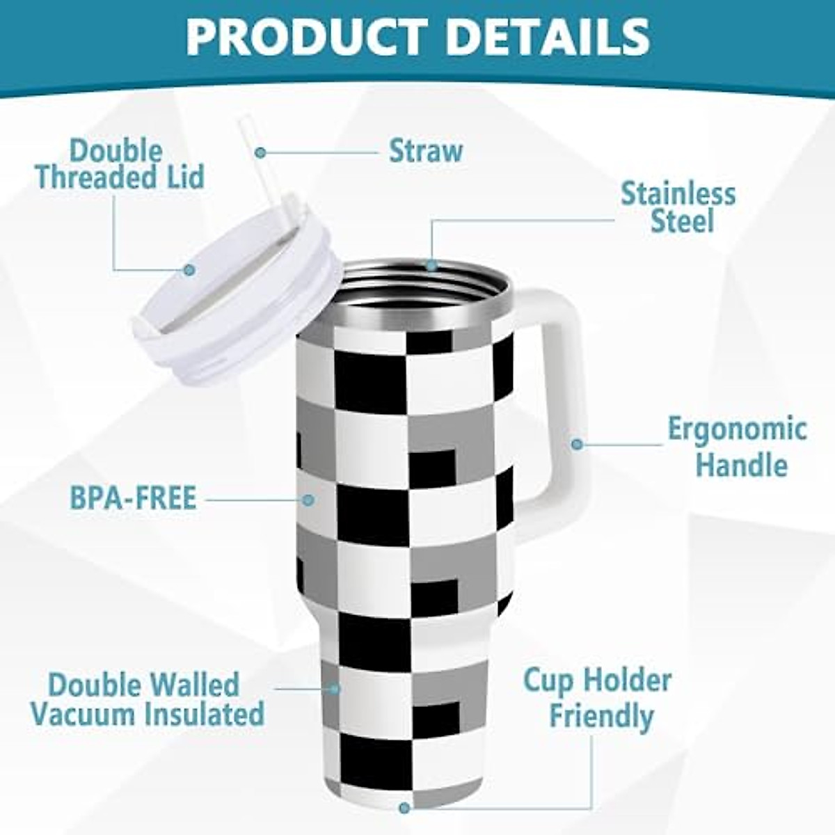 RPLIFE Black and White Checkerboard 40 Oz Tumbler with Handle, Stainless Water Bottle, Insulated Tumbler with Straw